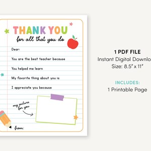 Teacher Appreciation Week Printable Gift, Teacher Thank You Letter for ...