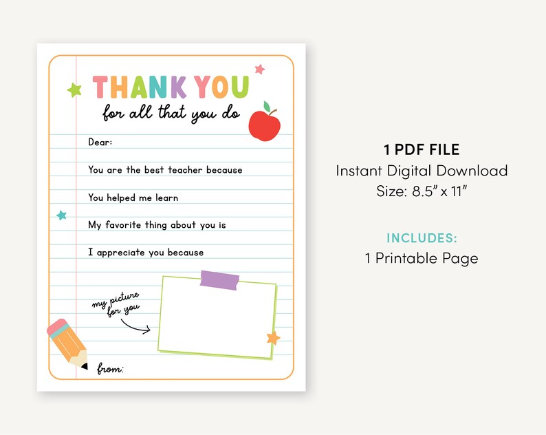 Teacher Appreciation Week Printable Gift, Teacher Thank You Letter for ...