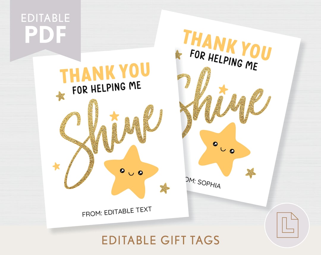 Teacher Appreciation Gift Tag, Thank You for Helping Me Shine Star Tag ...