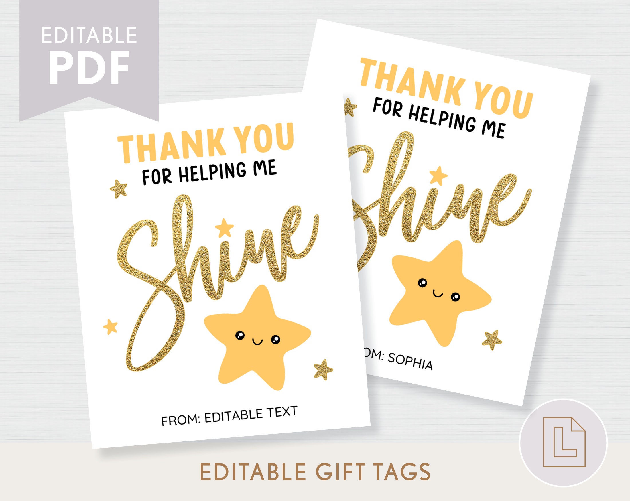 Teacher Appreciation Gift Tag, Thank You for Helping Me Shine Star Tag ...