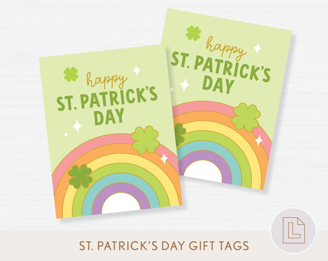 St. Patrick's Day Kids Gift Tags Classroom School Rainbow Shamrock Card ...