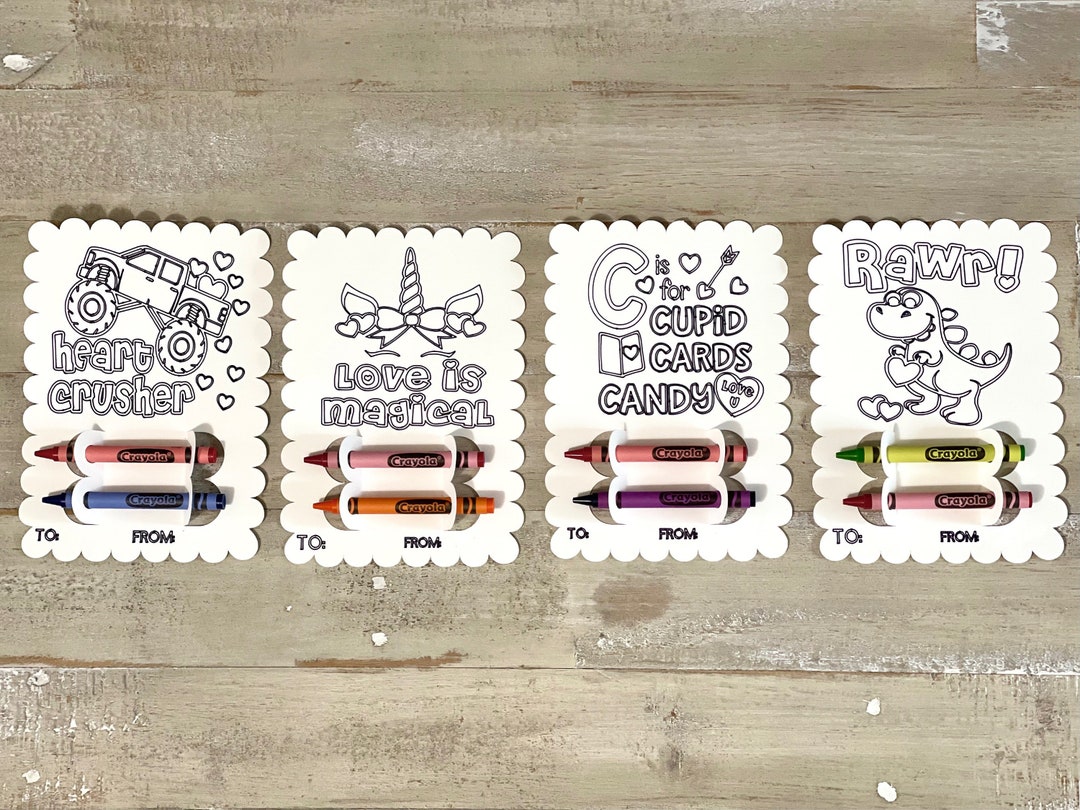 Coloring Valentines Cards, Classroom Valentine's Gift, Printed Card ...