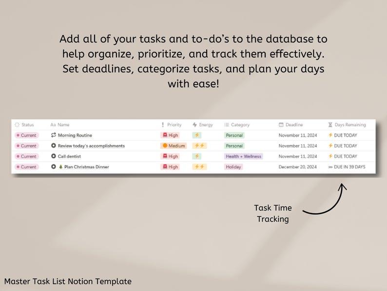Notion Template | Master Task List | Task Manager - Etsy
