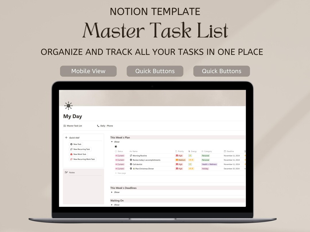 Notion Template | Master Task List | Task Manager - Etsy