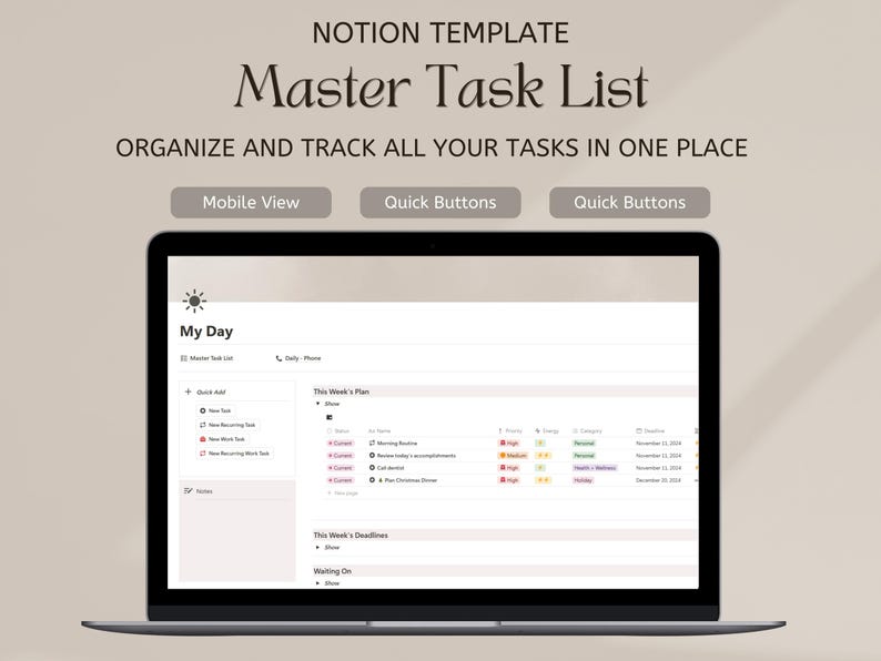 Notion Template | Master Task List | Task Manager - Etsy