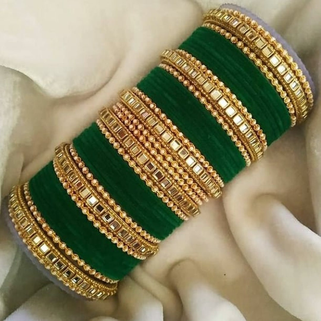 Dark Green Color Indian Pakistani Bridal Bangles With Kundan Velvet ...