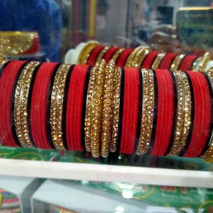 Indian Red and Black Multi Silk Thread Bridal Bangles Kundan Velvet ...
