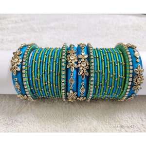 Sky Blue Color Gift for Bridal Set Silk Thread Bangles With Kundan and ...