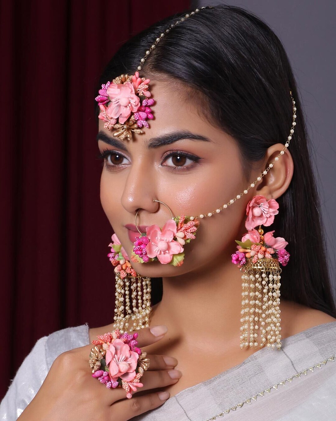 Multi Pink Flower, Floral Jewellry for Bridal for Haldi Mehendi Sangeet ...
