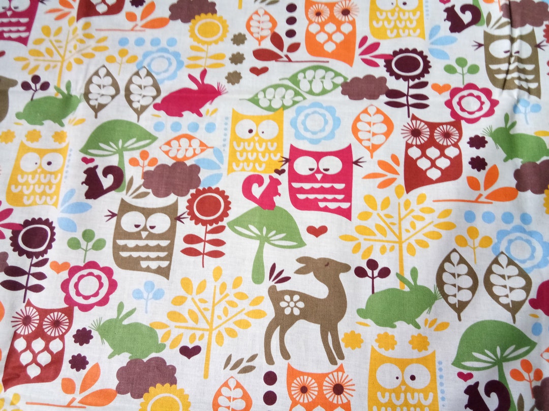 Cotton Fabric, White Forest Animals and Trees in Autumn - Etsy
