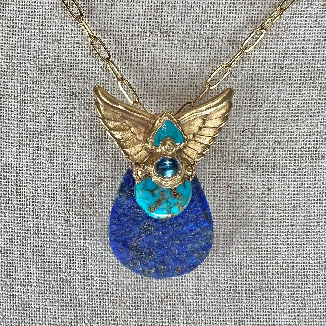 LAPIS LAZULI Necklace With Angel Wings + Turquoise, 22K Gold Plated ...
