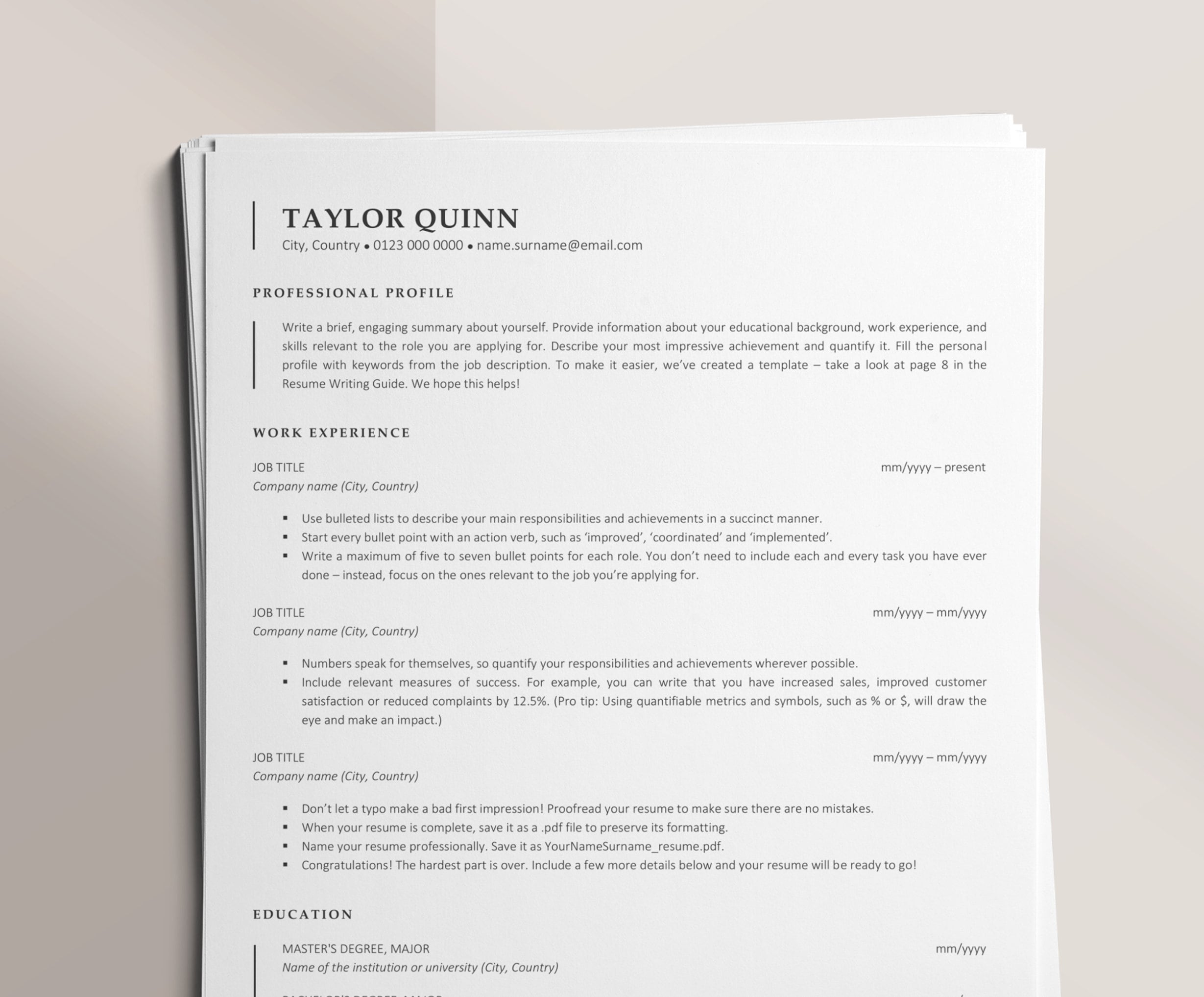 Paper Templates ATS Friendly Resume Word Professional Resume Template ...