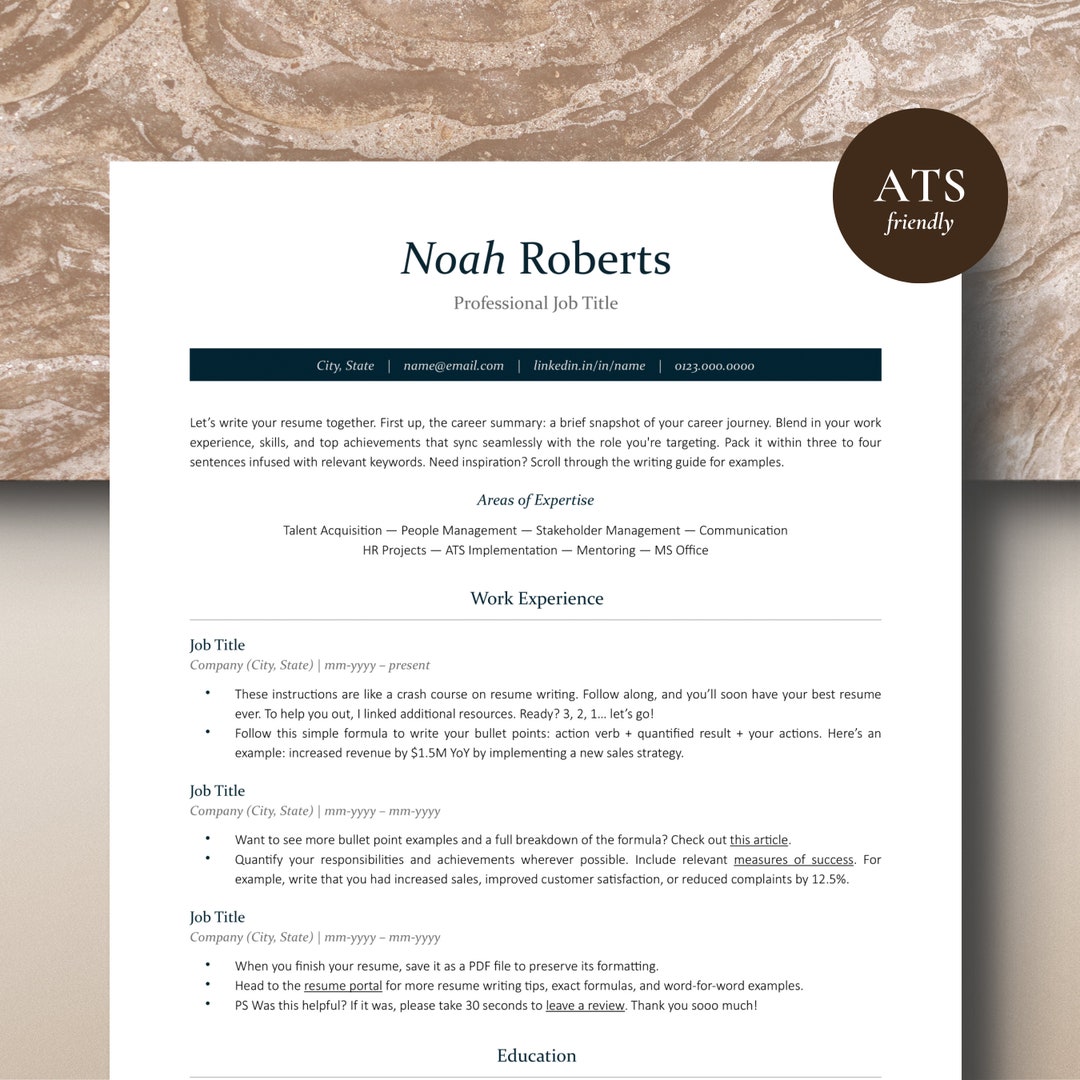 One Column ATS Resume Template, Modern Resume for Google Docs, Word ...