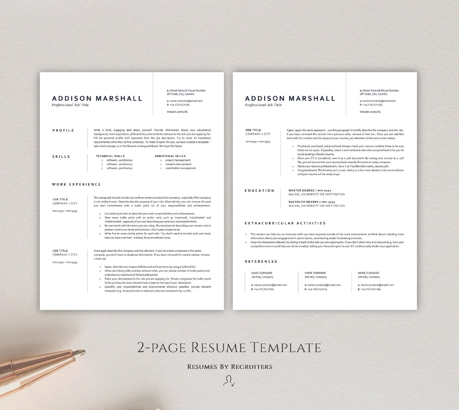 Minimalist CV Resume Template, Instant Download One-page and Two-page ...