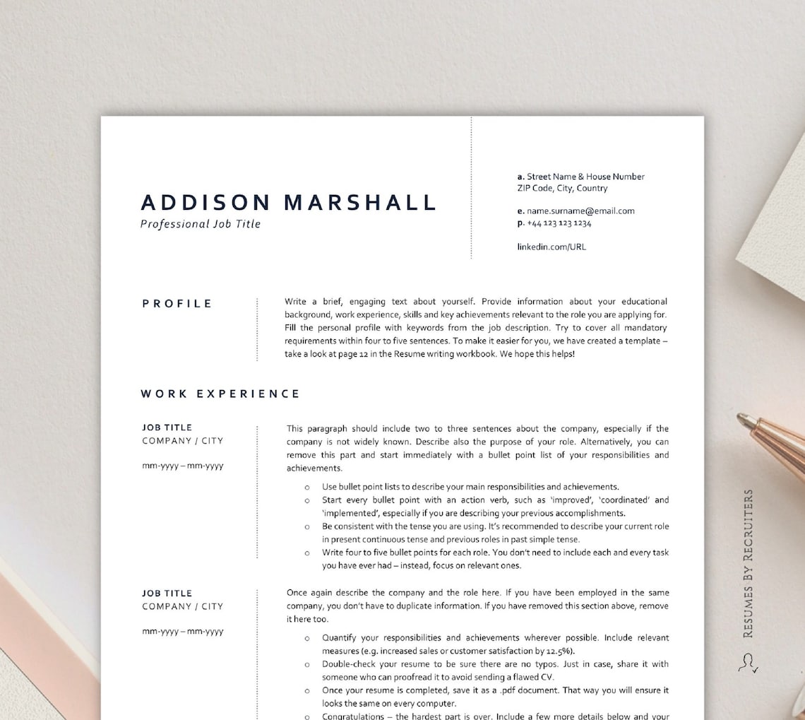 Minimalist CV Resume Template, Instant Download One-page and Two-page ...