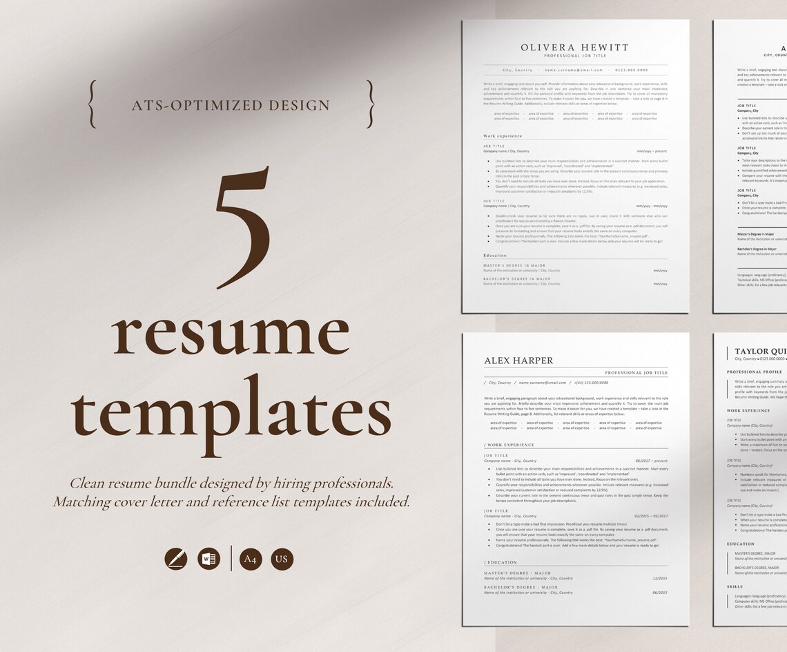 Clean ATS Resume Bundle, Instant Download Five Resumes for Word and ...