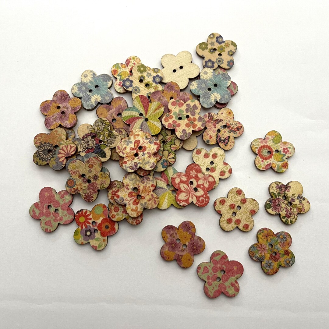 Boho Flower Wood Buttons (BTN-02) - Pack of 6 - Contains a Random ...