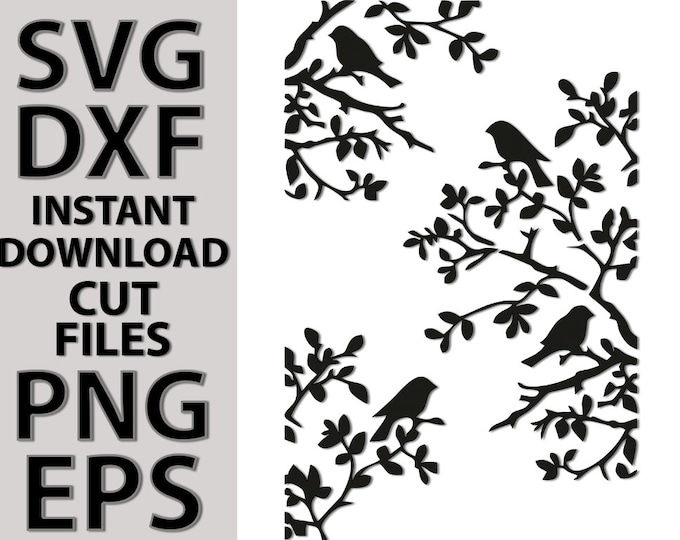Tree Branch SVG. Birds on Tree Silhouette Template, Stencil, Pattern ...