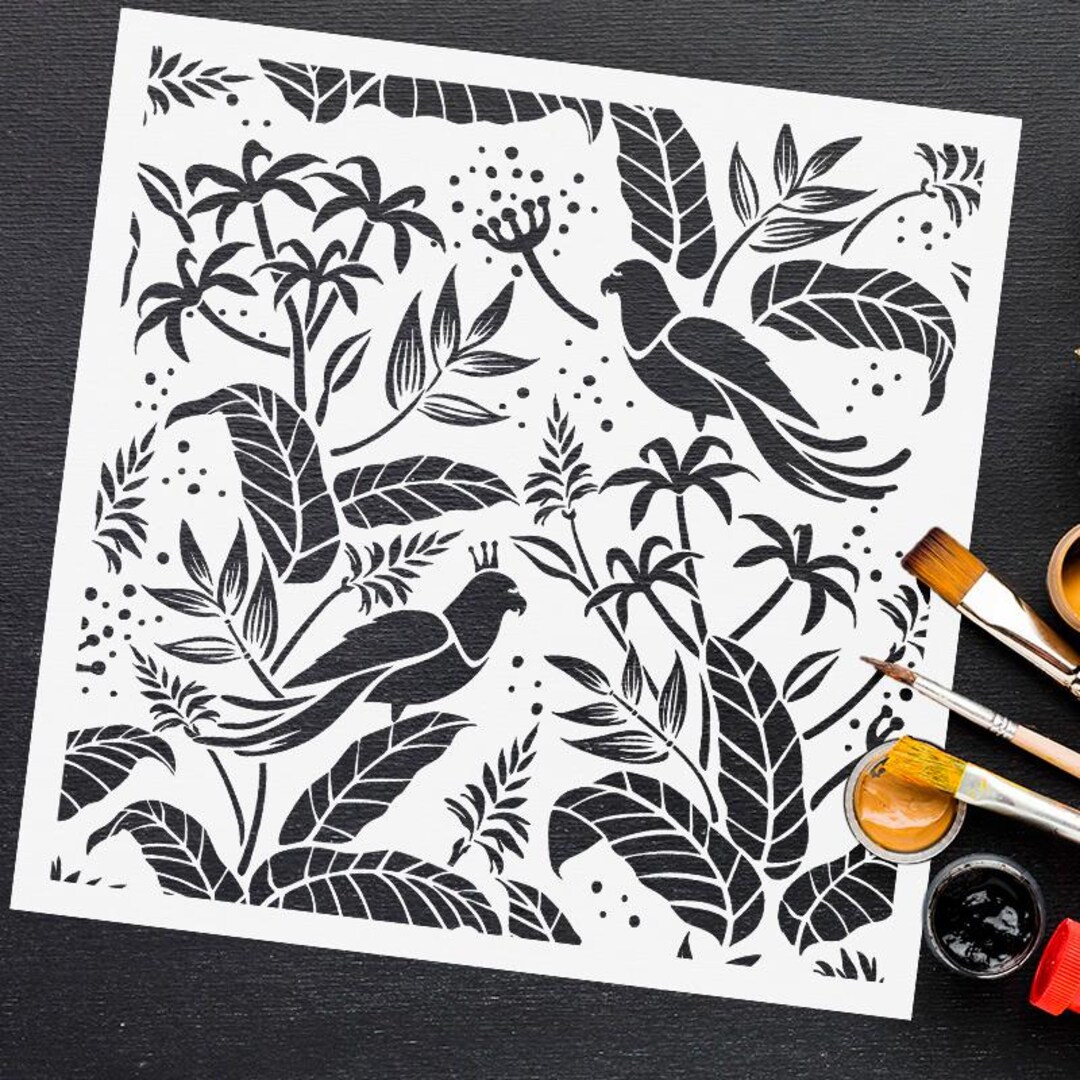 Birds and Tropical Leaves Stencil - DIY Painting Stencils - Allover ...