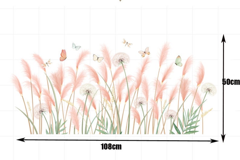 Pink Reed Dandelion Wall Sticker, Removable Skirting Line Wall Stickers ...