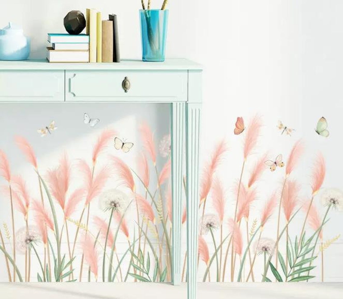 Pink Reed Dandelion Wall Sticker, Removable Skirting Line Wall Stickers ...