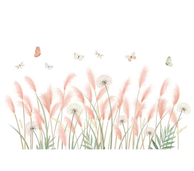 Pink Reed Dandelion Wall Sticker, Removable Skirting Line Wall Stickers ...