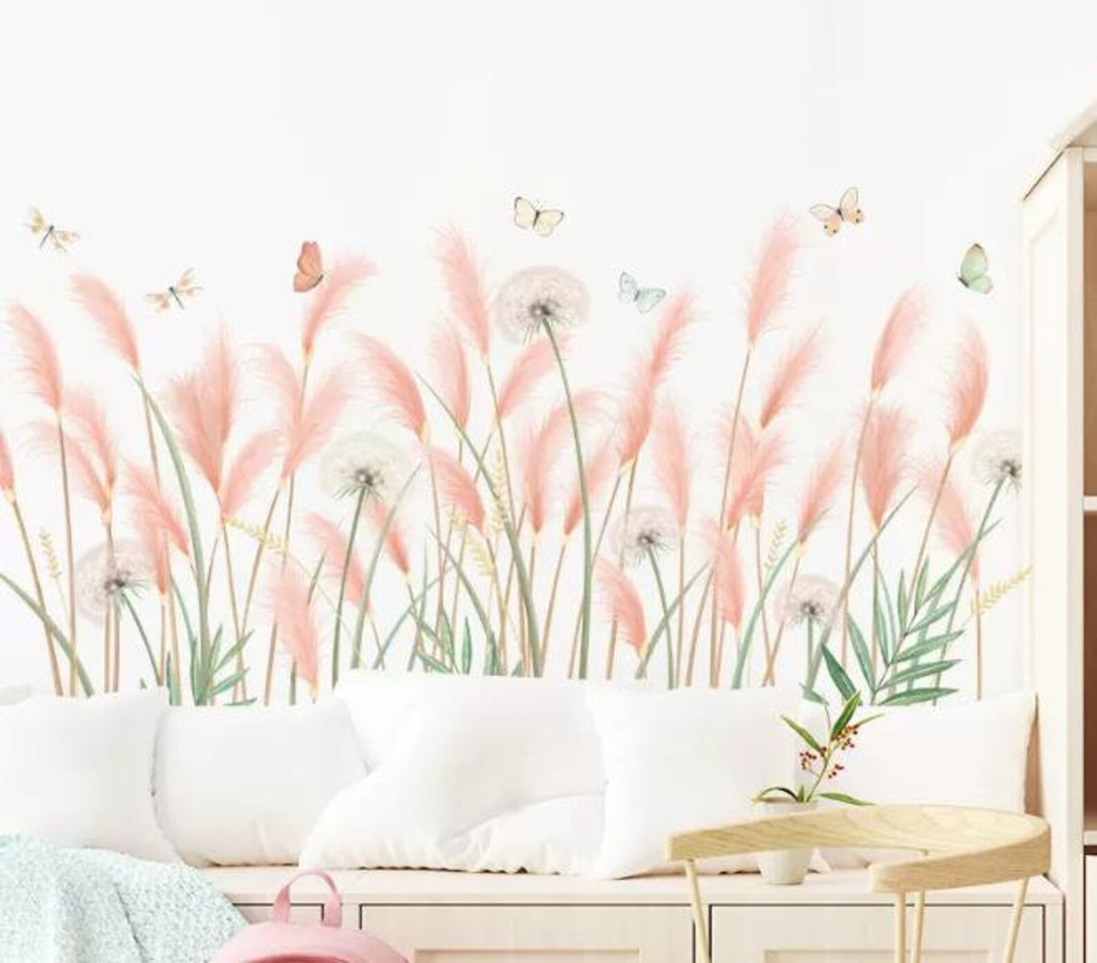 Pink Reed Dandelion Wall Sticker, Removable Skirting Line Wall Stickers ...