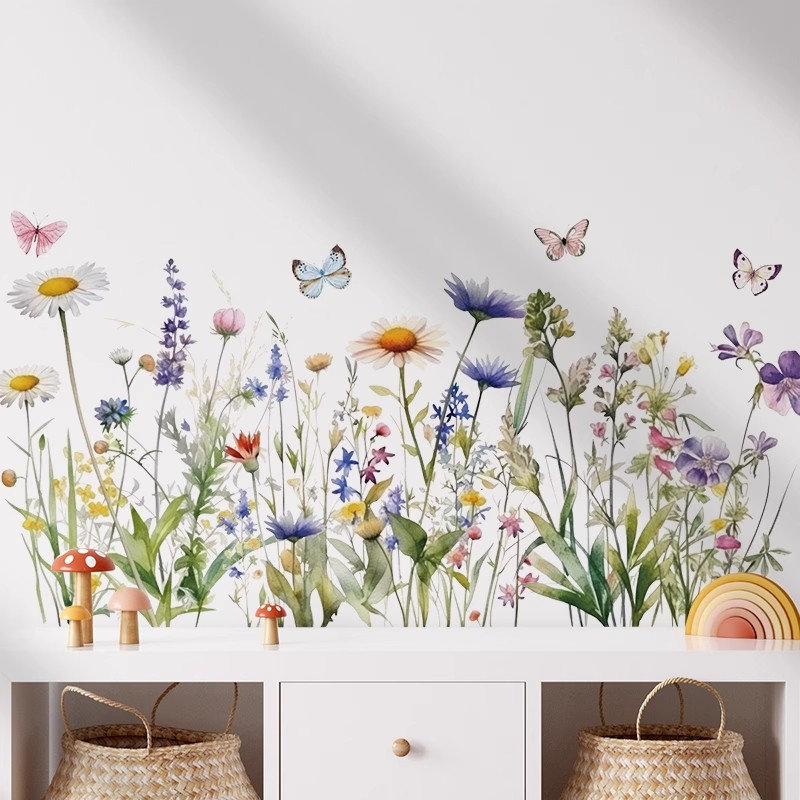 Colorful Flower Plant Wall Sticker, Removable Skirting Line Stickers ...
