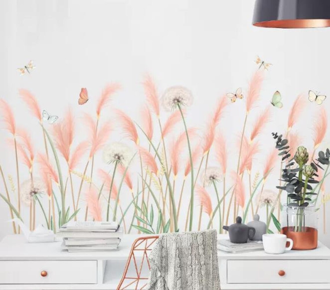 Pink Reed Dandelion Wall Sticker, Removable Skirting Line Wall Stickers ...