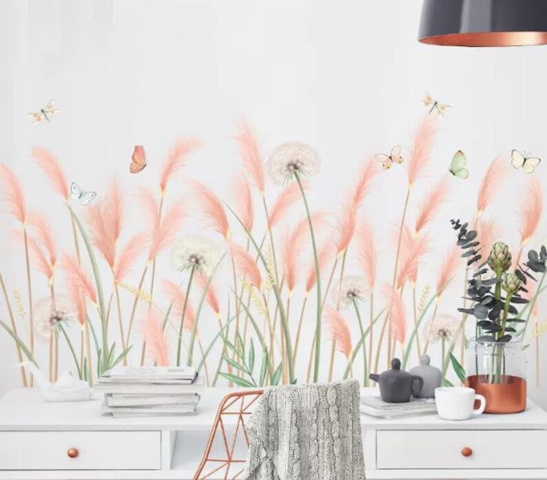 Pink Reed Dandelion Wall Sticker, Removable Skirting Line Wall Stickers ...
