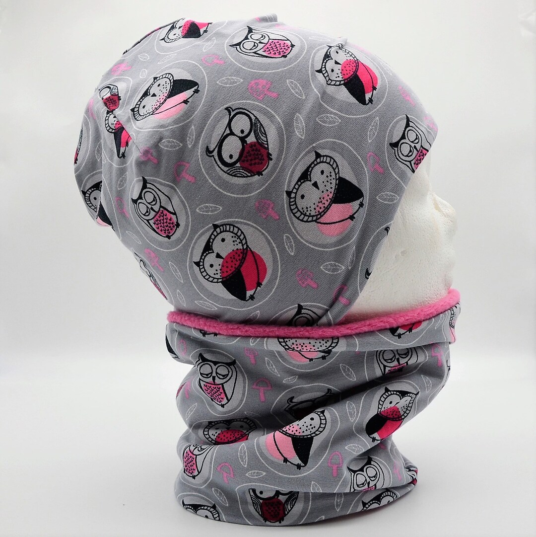 Fleece Loop Schal & Mütze SET Eulen Kreise Pilze Blätter grau pink rosa Mädchen für 2 3 4 Jahre ...
