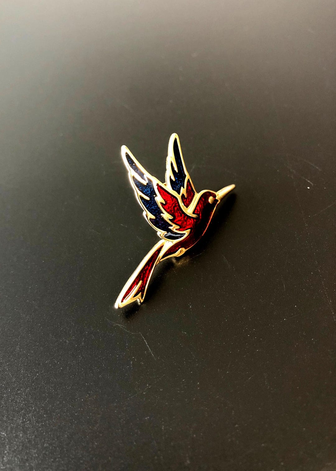 Enameled Bird Tie Pin, Dark Red and Dark Blue Enameled Brooch, Tie Pin ...