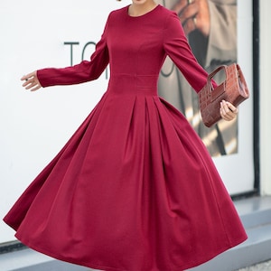 Midi Wool Dress, Red Long Wool Dress, Swing Wool Dress, Long Sleeves ...