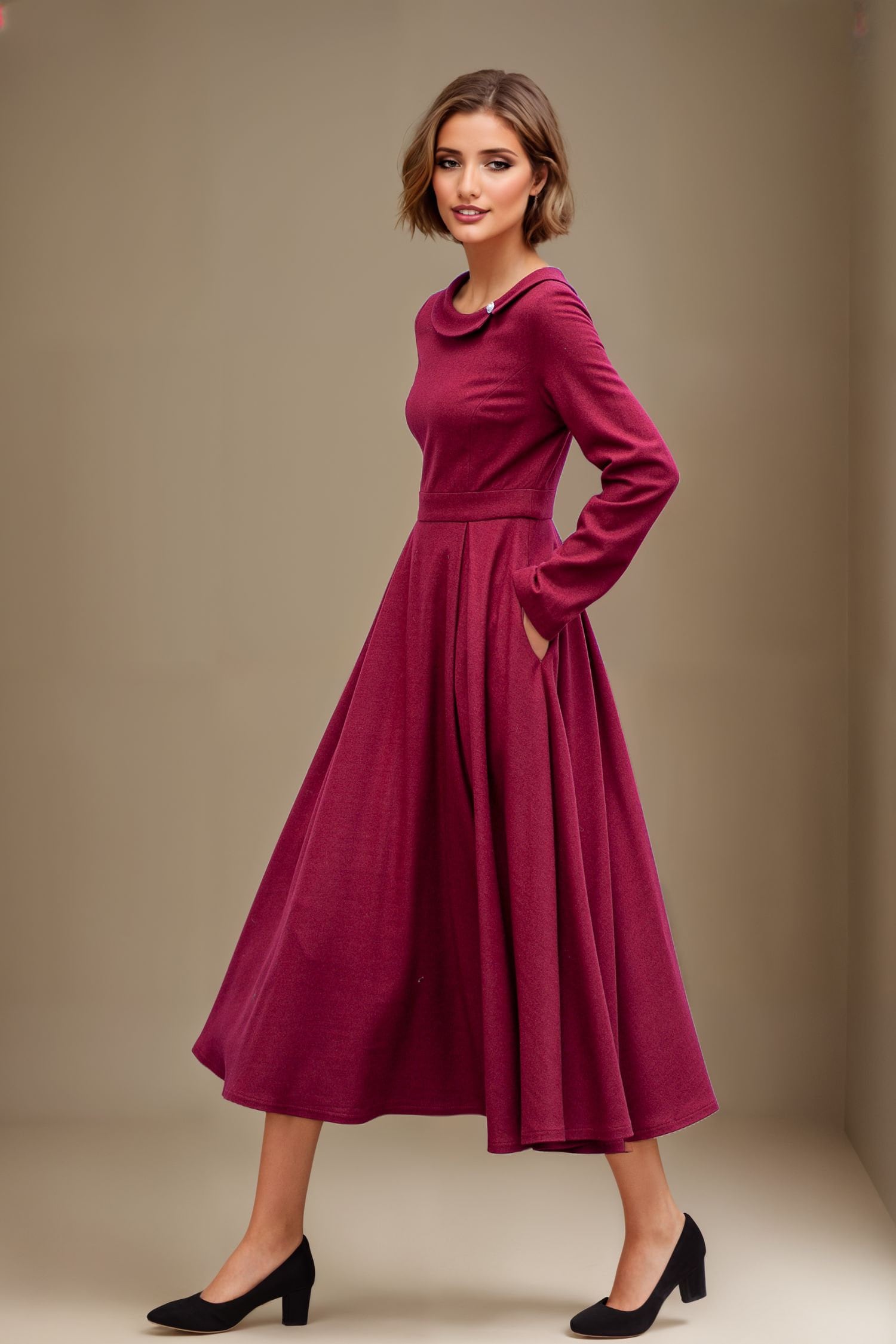 Wool Dress, Red Midi Wool Dress, Vintage Inspired Swing Wool Dress ...