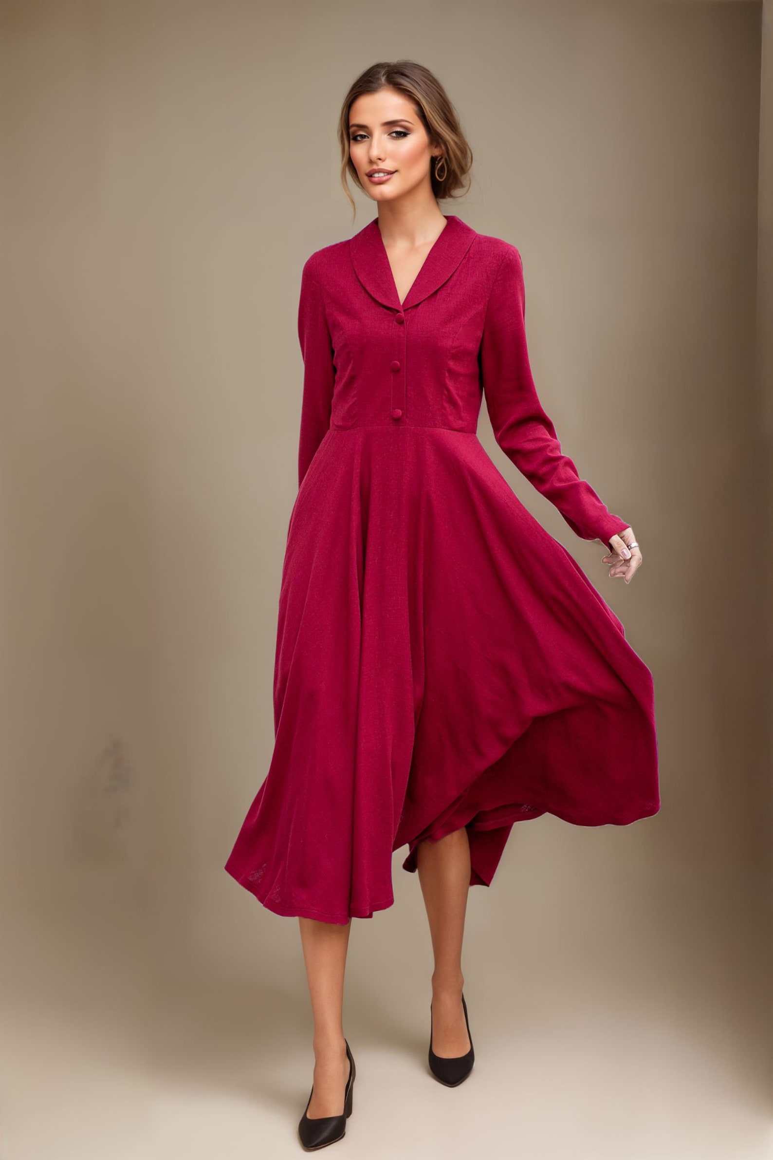 Wool Dress, Womens Wool Dress, Burgundy Long Dress, Swing Dress, Fitted ...