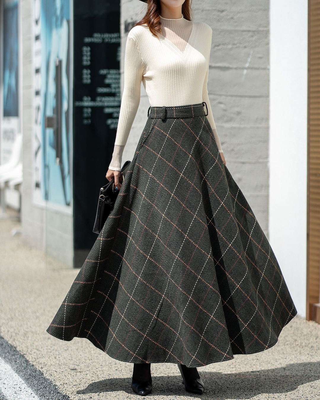 Green Plaid Wool Skirt, Long Wool Skirt, Winter Tartan Skirt Women, A-line Skirt, Elegant Skirt ...