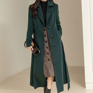 Women's Green Wool Coat, Long Wool Coat, Winter Warm Coat, Belted Wool ...