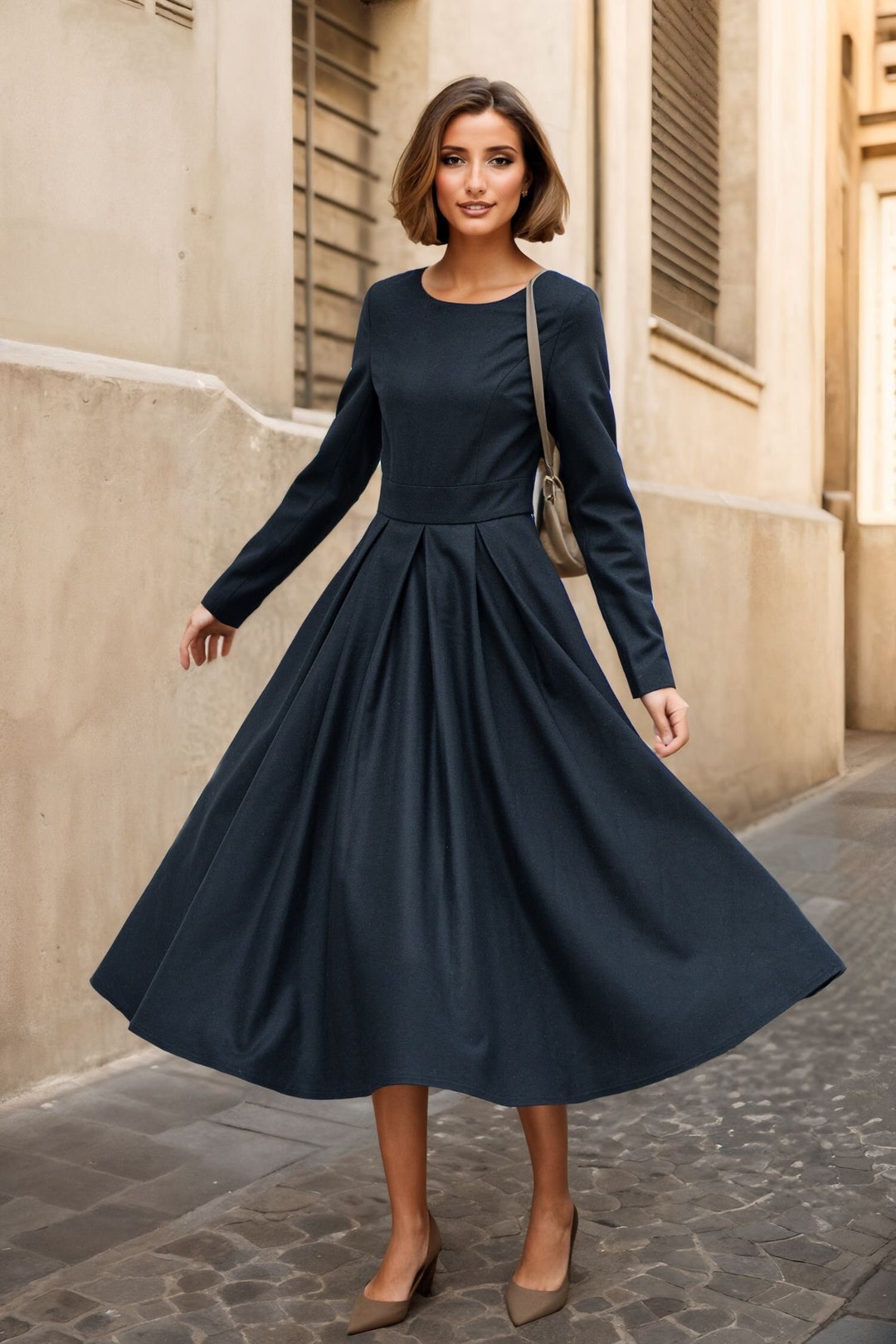 Black Wool Dress, Winter Wool Dress Women, Midi Wool Dress, Long ...