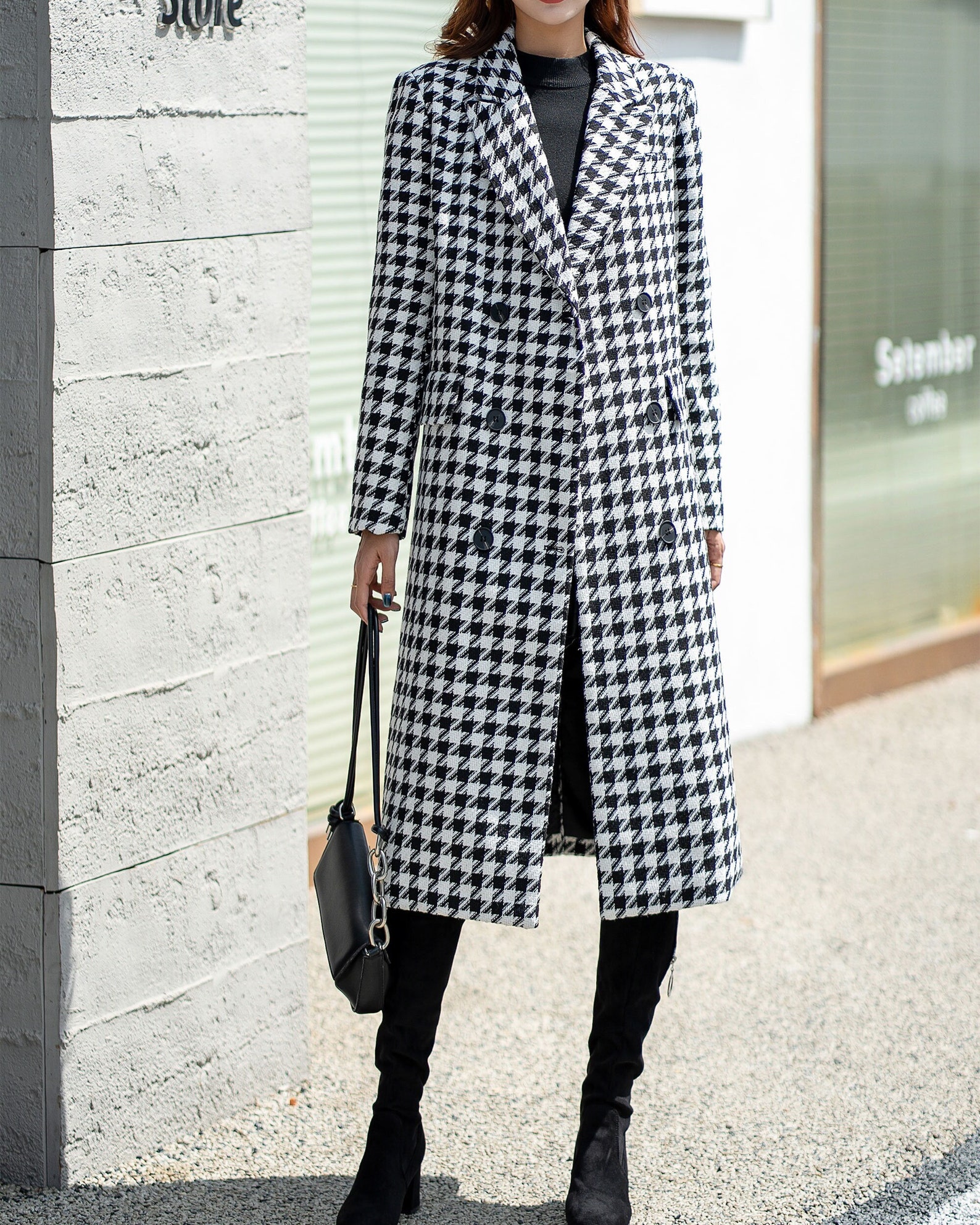 Houndstooth Wool Coat, Womens Long Wool Coat, Winter Coat Women, Winter ...