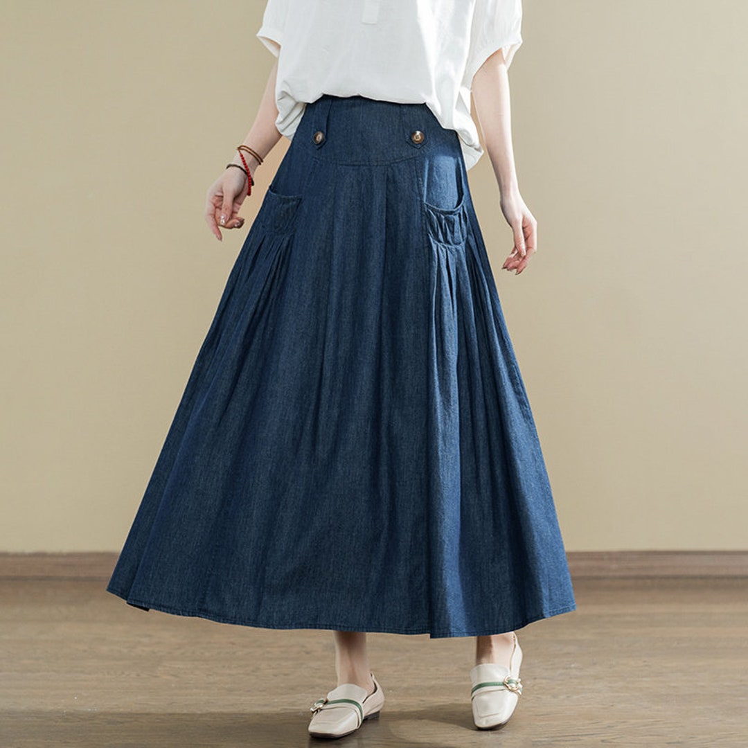 Denim Maxi Skirt, Denim Pleated Skirt, Long Denim Skirt, Women's Blue ...