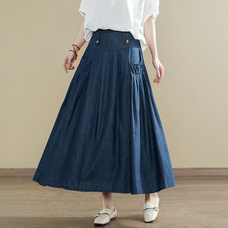 Denim Maxi Skirt, Denim Pleated Skirt, Long Denim Skirt, Women's Blue ...