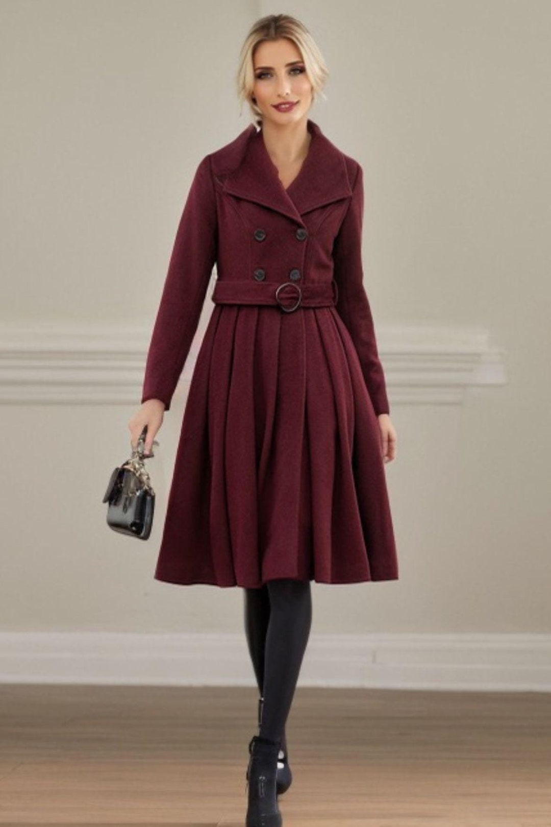 Burgundy Wool Coat, Midi Wool Coat, Belted Wool Coat, Winter Coat Women ...