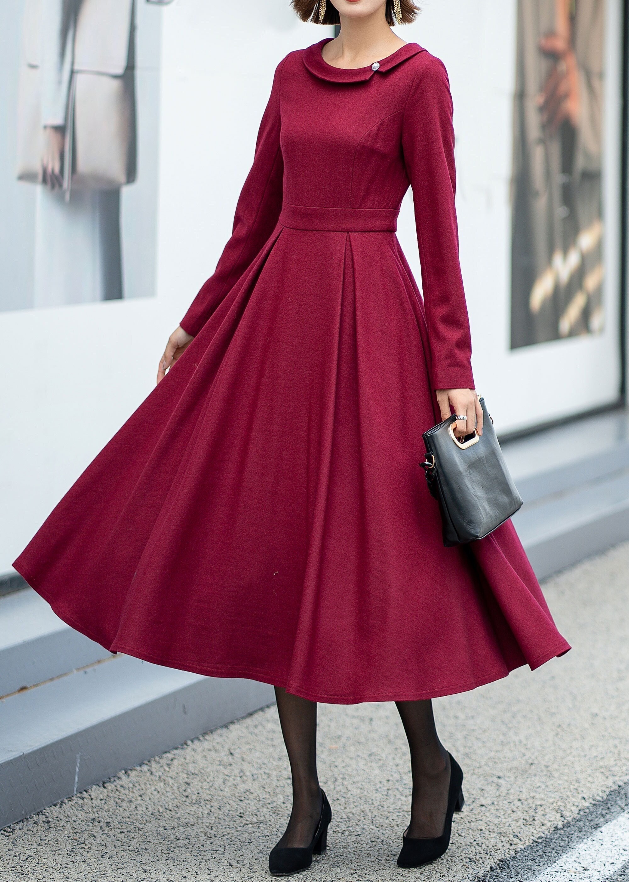Red Wool Dress, Midi Wool Dress, Vintage Inspired Swing Wool Dress ...