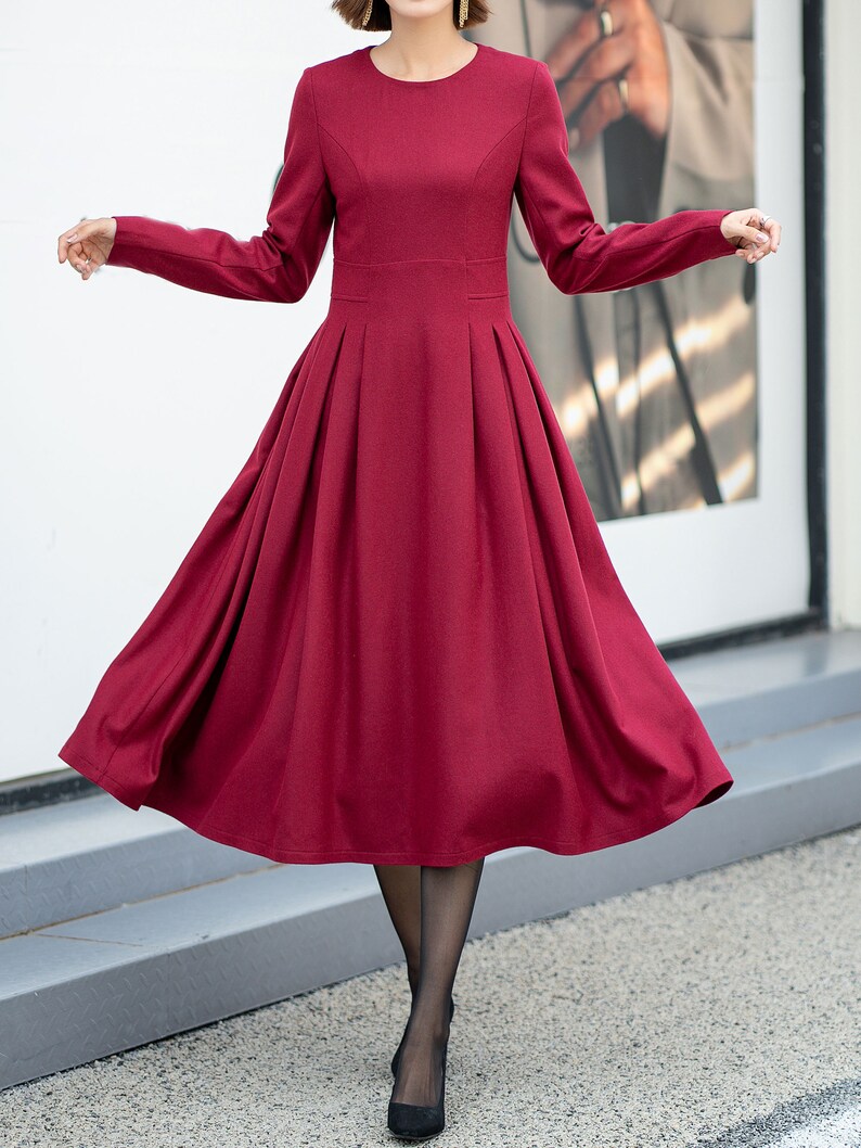 Midi Wool Dress, Red Long Wool Dress, Swing Wool Dress, Long Sleeves ...