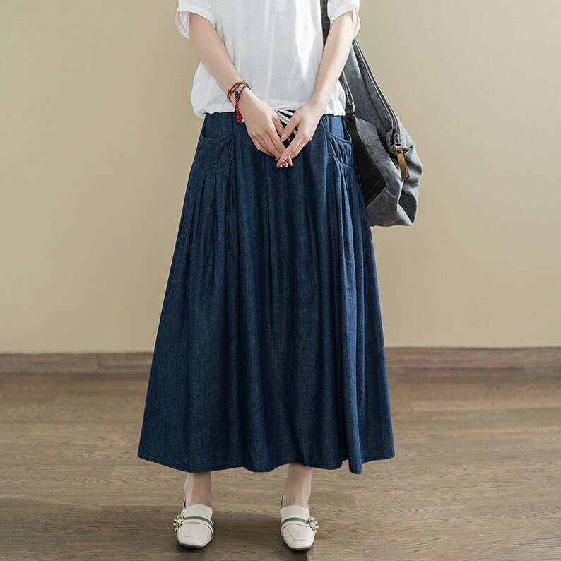 Denim Maxi Skirt, Denim Pleated Skirt, Long Denim Skirt, Women's Blue ...
