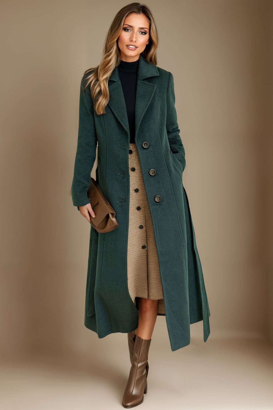 Wool Coat, Women's Green Coat, Long Wool Coat, Winter Warm Coat, Wool ...