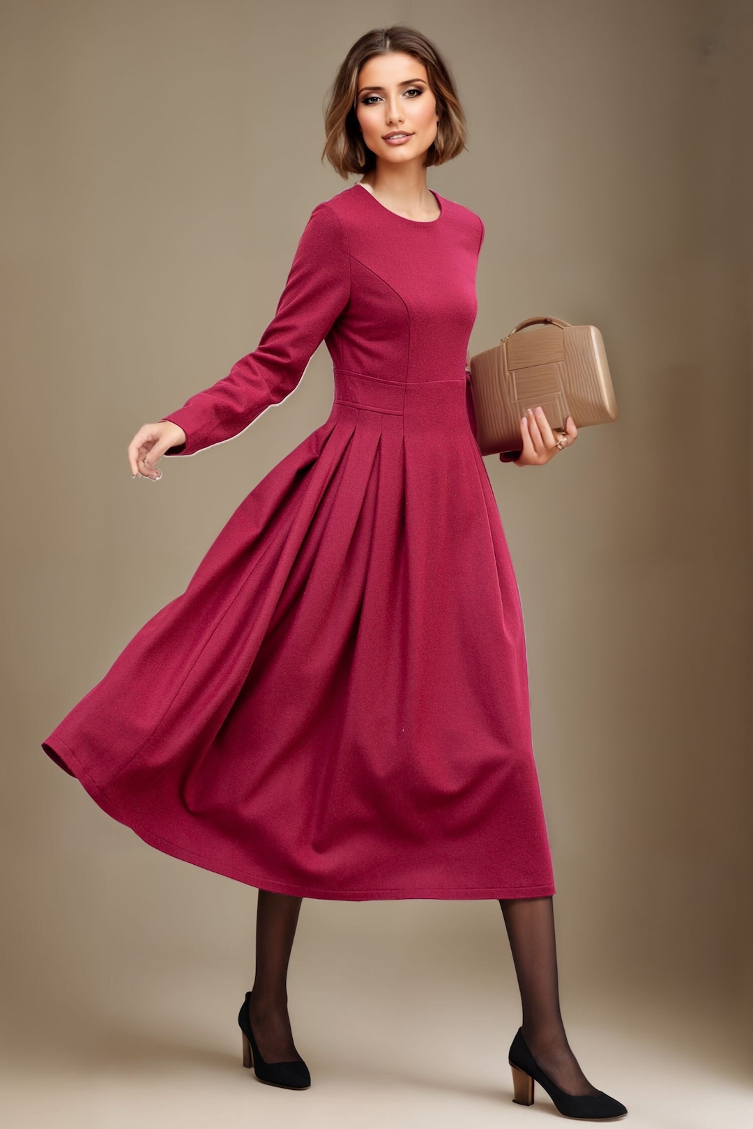 Midi Wool Dress, Red Long Wool Dress, Swing Wool Dress, Long Sleeves ...