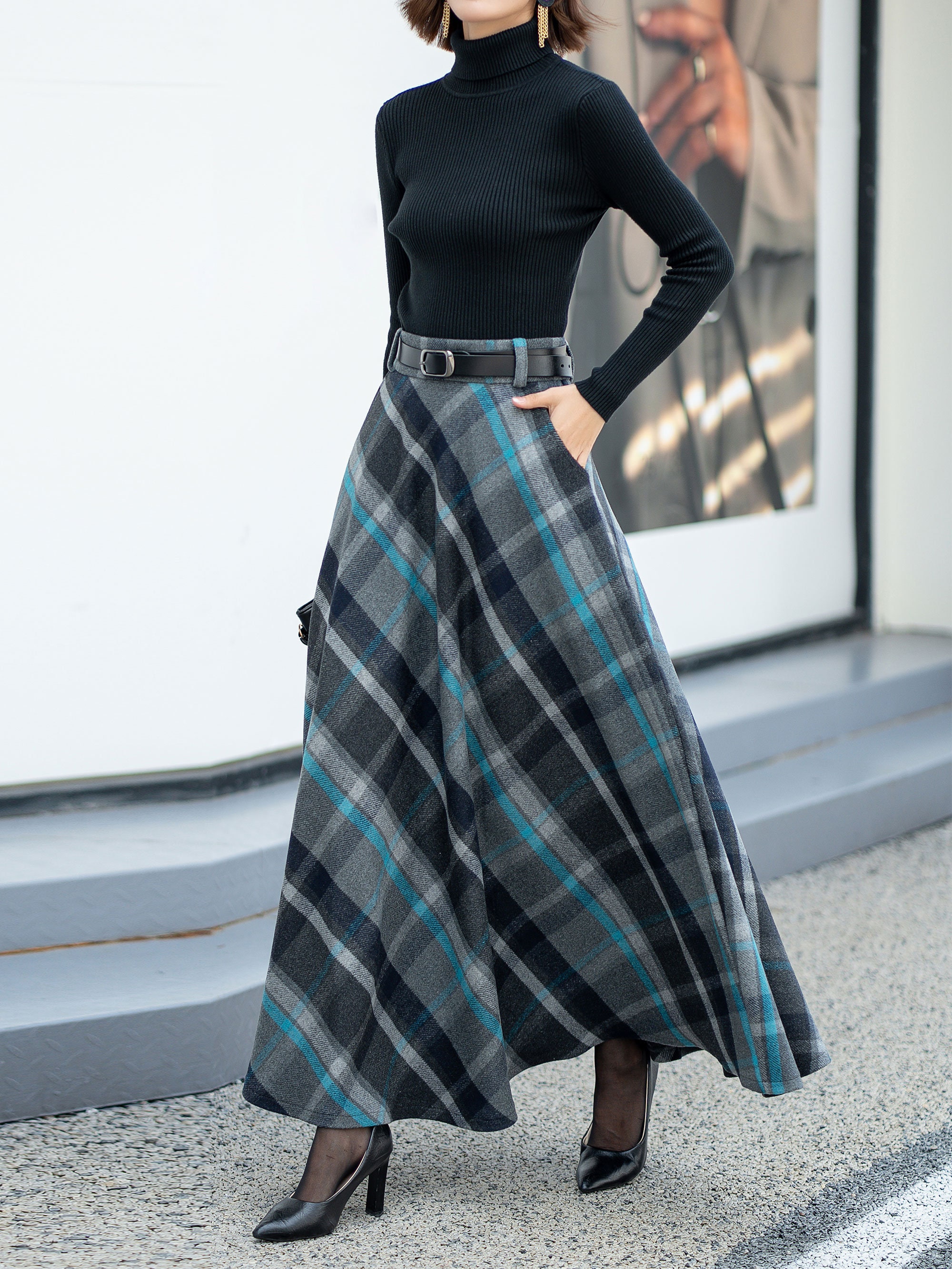 Plaid Wool Skirt Wool Maxi Skirt Women Winter Skirt Women - Etsy