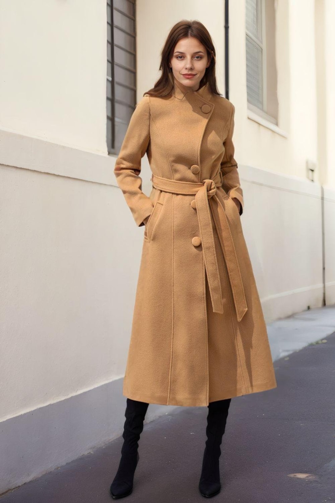 Camel Wool Coat, Wool Wrap Coat, Womens Wool Coat, Women's Autumn Winter Wool Coat With Pockets ...