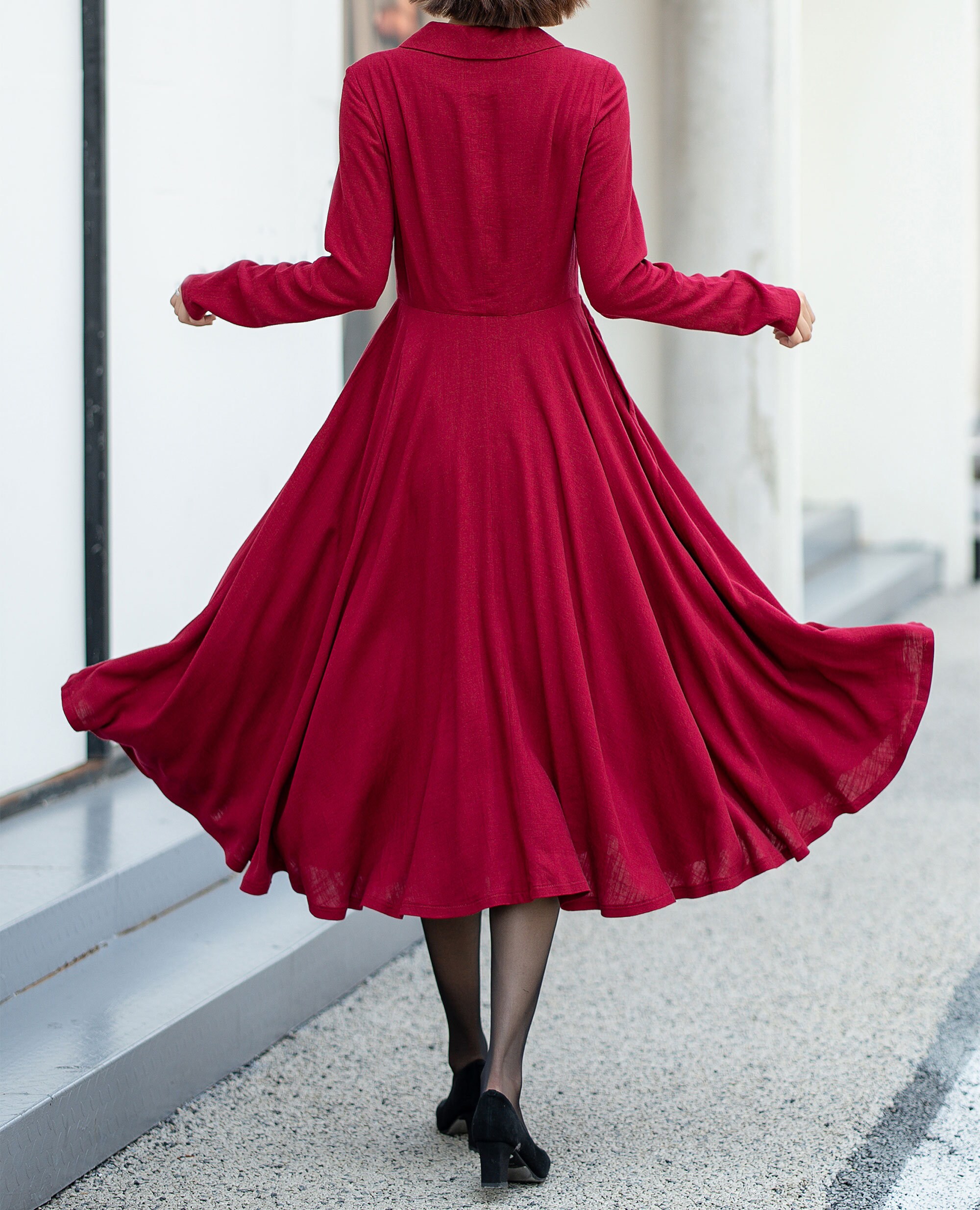 Red Linen Dress, Long Linen Dress, Midi Womens Linen Dress, Swing Linen ...